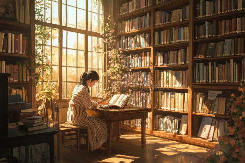 A Serene Library Scene with Warm Light Filtering through Large Windows ...