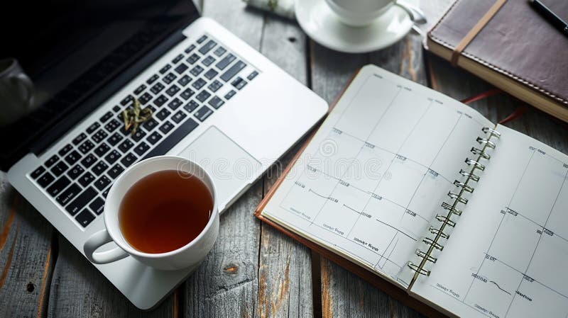 Laptop Screen with daily Planner and Tea Stock Photo - Image of desk ...