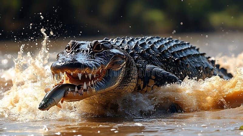 Crocodile Devouring a Fish in a Splashy River Scene. Stock Illustration ...