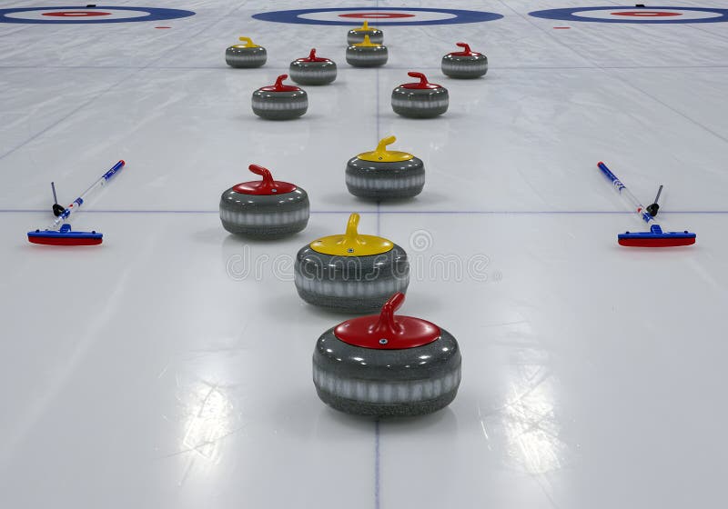 Curling Stones on Icy Surface with Brooms Sports Equipment Stock ...