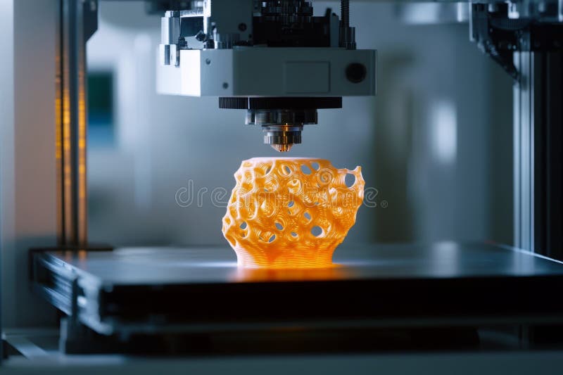 A Modern 3D Printer in Action Creating a Bright Orange Object with ...