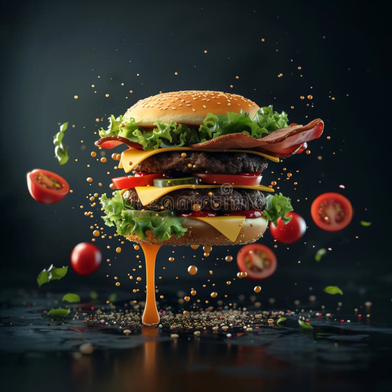 Floating Hamburger: a Deconstructed Burger in Mid-Air Stock ...
