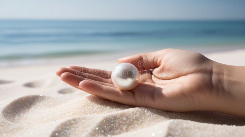 Close-Up of Hands Holding Pearl on White Beach Sand Stock Image - Image ...