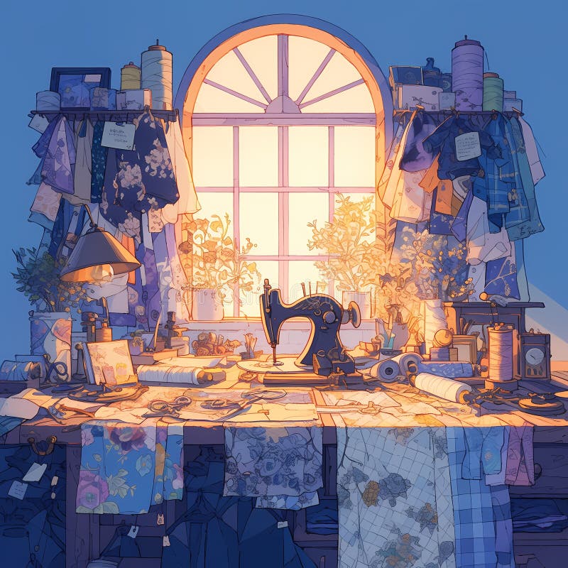 Vibrant Craft Room with Sunlit Windows and Cluttered Shelves Stock Illustration - Illustration ...