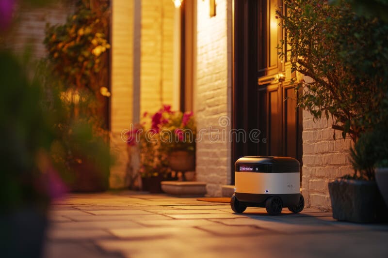 A Modern Delivery Robot Rests at the Doorstep Under Warm Lights. it ...