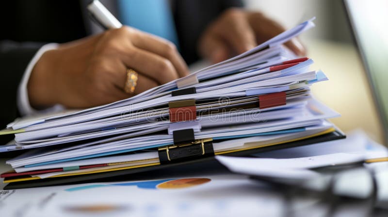 The Image Captures a Desk with Documents, Graphs, and a Laptop ...