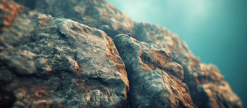 Determined Rock Climber Ascending Jagged Cliff Face with Blue Sky ...
