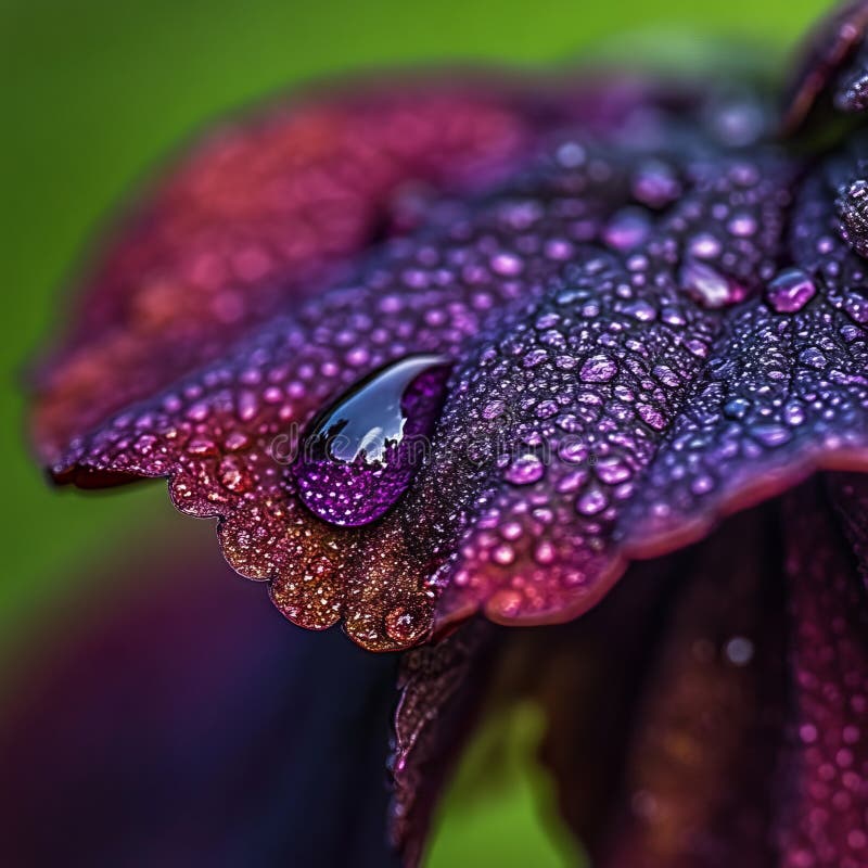 The Image Captures a Dew Drop Reflecting a Flower on a Delicate Purple ...