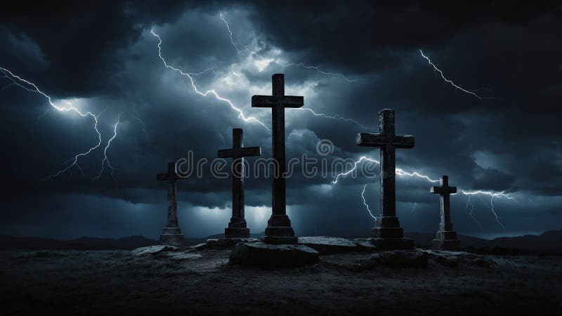 Lightning Strikes Behind Crosses on a Hill Under a Dark, Stormy Sky ...