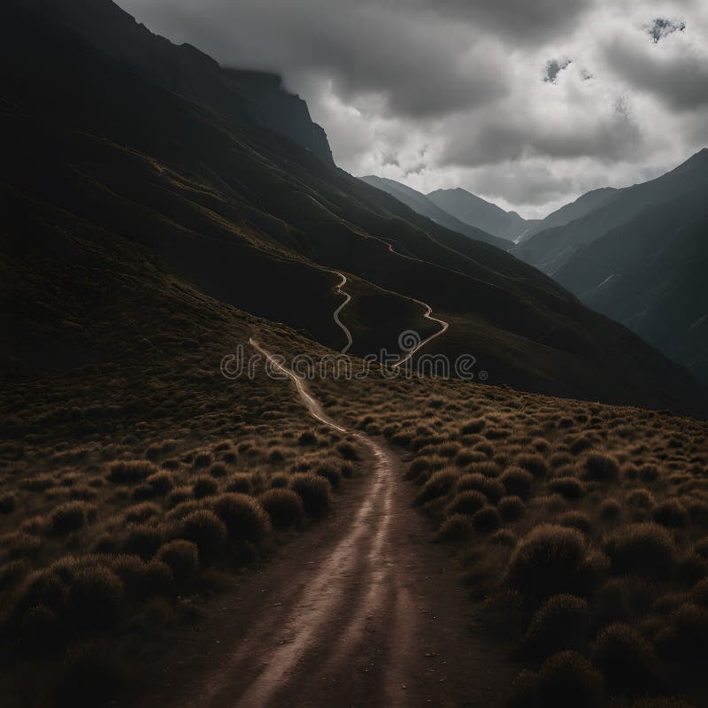 Moody Mountain Road in Rugged Terrain Under Cloudy Sky Stock Photo ...