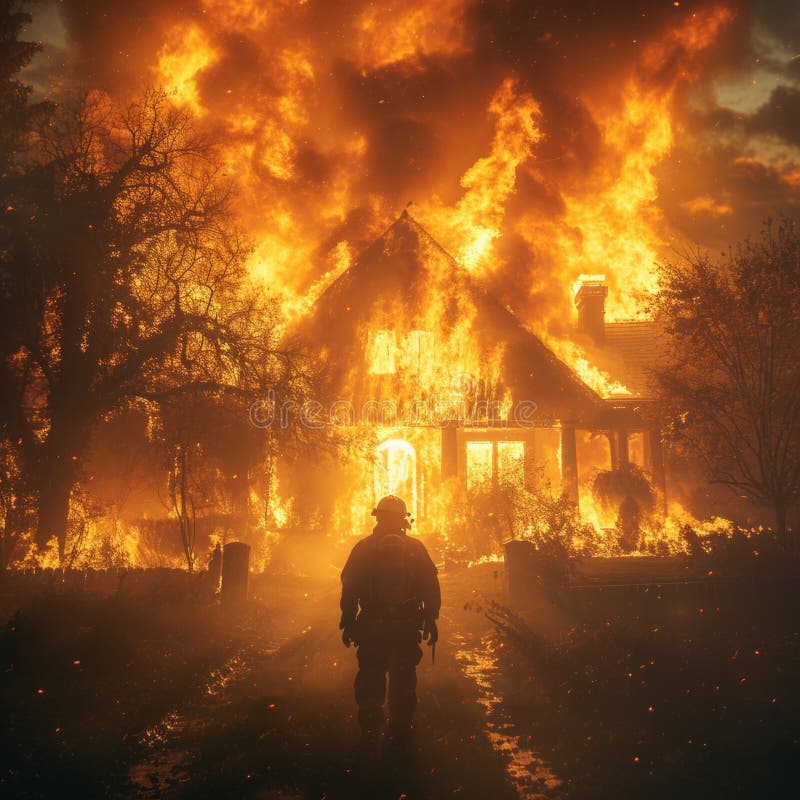A Firefighter Stands before a Blazing House Engulfed in Flames. the Sky ...