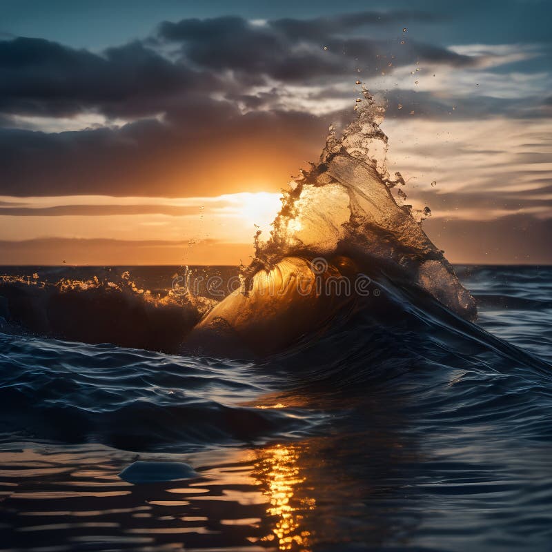 Golden Sunset Wave: Captivating Ocean Drama at Dusk Stock Image - Image ...
