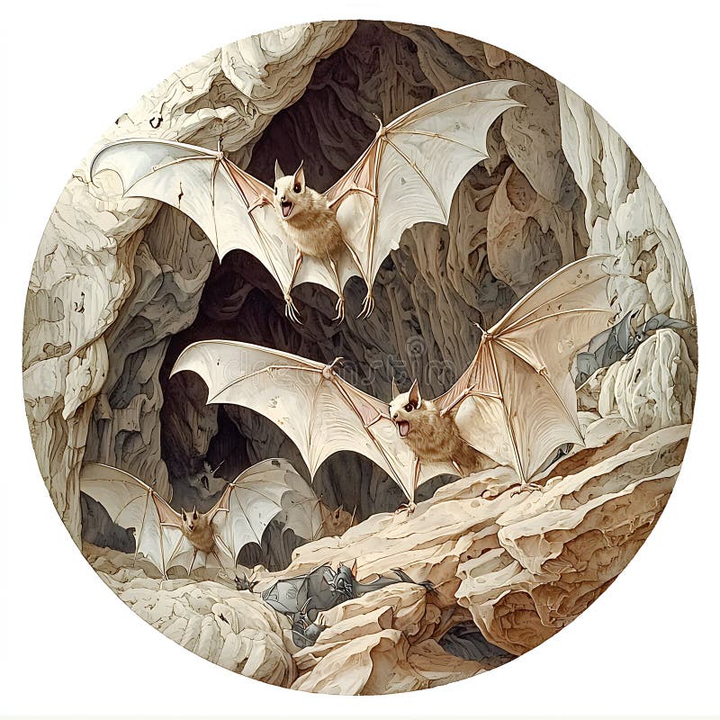 A Colony of Bats Emerges from a Rocky Cave Their Wings Spread Wide ...