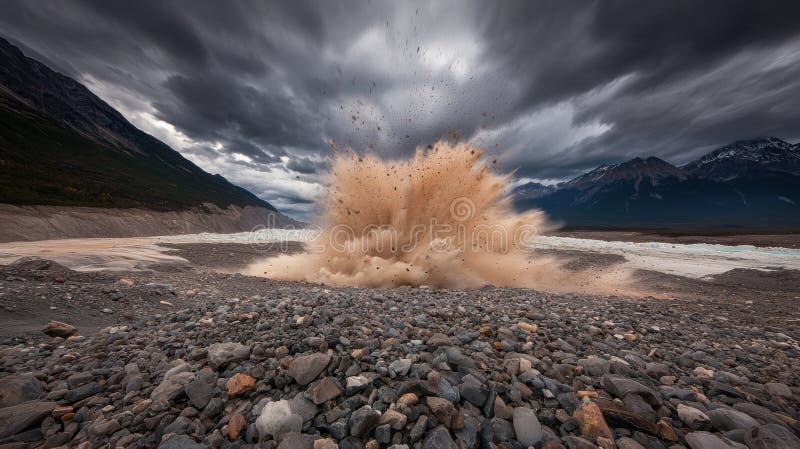 A Dramatic Volcanic Eruption in a Rugged, Mountainous Landscape. Stock ...