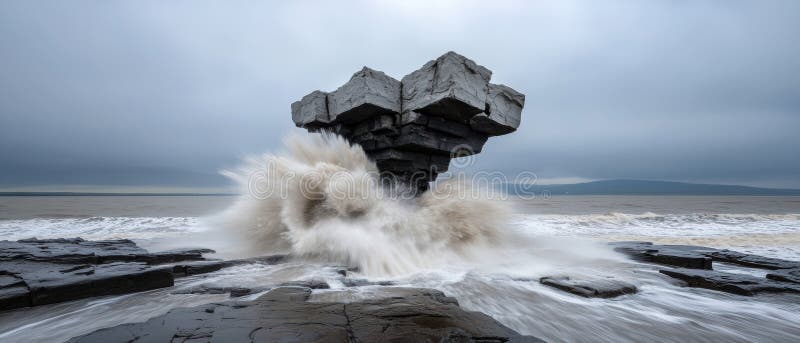 A Large, Gray Concrete Sculpture is Being Destroyed by Crashing Waves ...