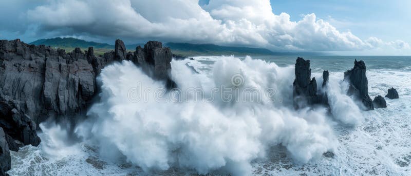 A Dramatic Coastal Scene with Crashing Waves and Towering Rock ...