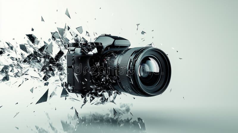 Black DSLR Camera in Mid-Explosion with Shattered Glass Elements ...