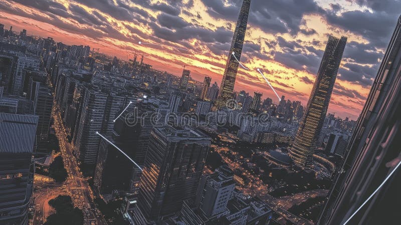 Dynamic City Skyline at Dusk, a Blend of Old and New Stock Illustration ...