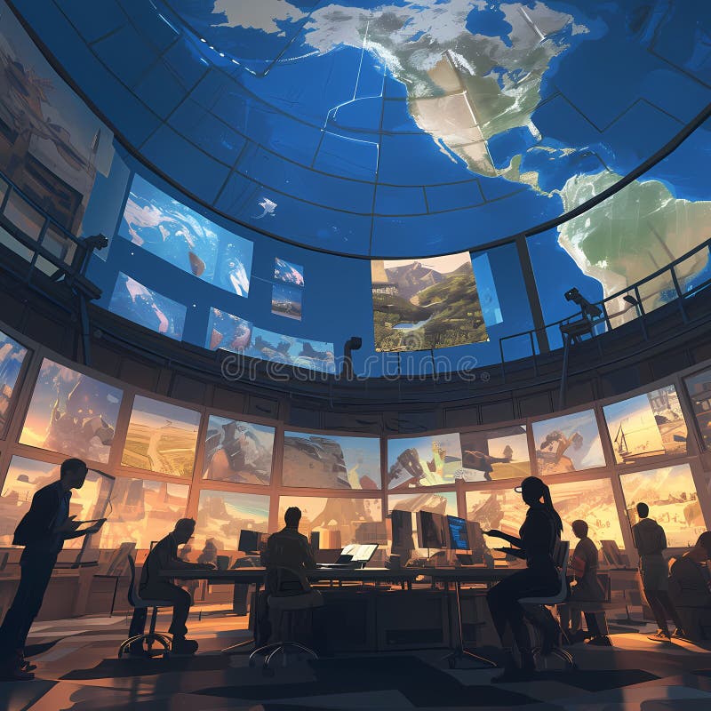 Energized Control Room with Interactive Map Wall Stock Illustration ...