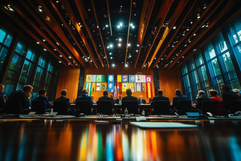 A Vibrant Conference Room Filled with Delegates. Flags Represent ...