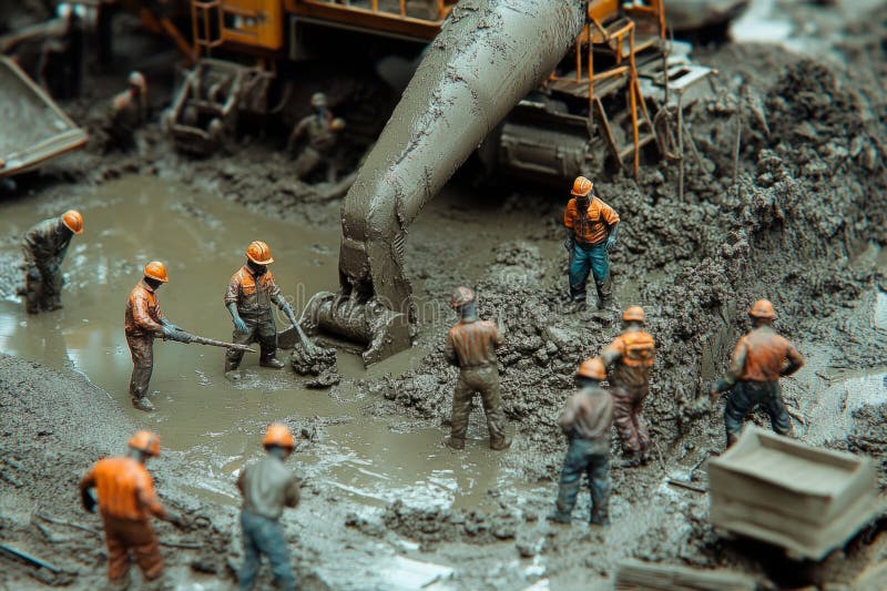 Construction Site Scene with Workers and Machinery. the Image Shows a ...