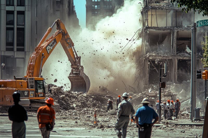 Construction Site with Heavy Machinery in Action. Dust and Debris Fill ...