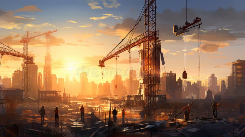 Urban Expansion: Sunset Over a Bustling Construction Site Stock ...