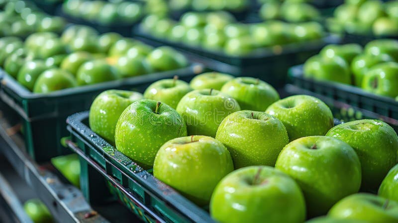 Green Apple Sorting and Packaging on Modern Production Line Stock ...