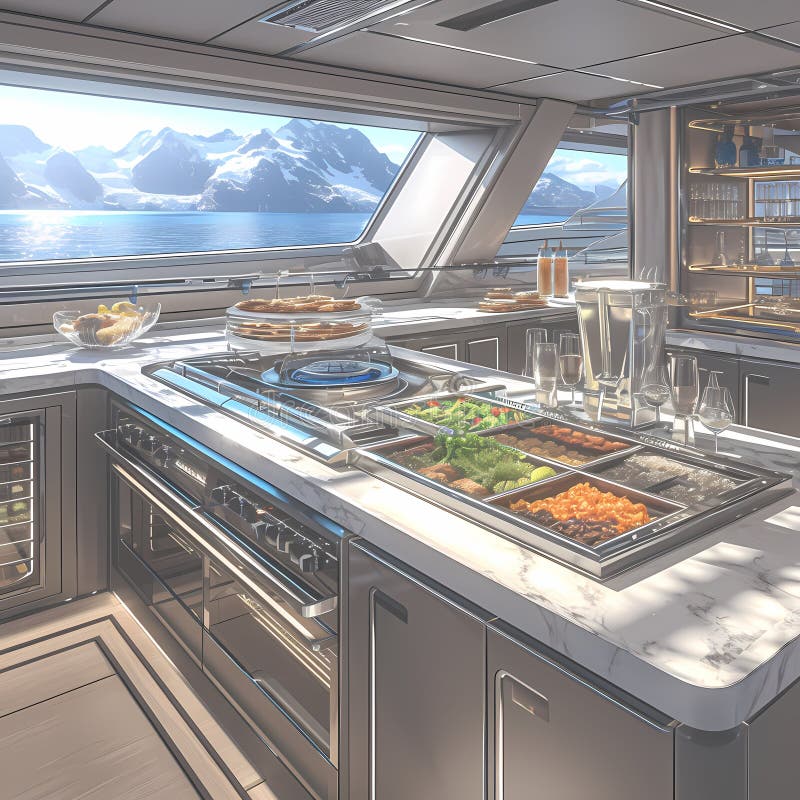 Sophisticated Galley Kitchen with Mountain View Stock Illustration ...