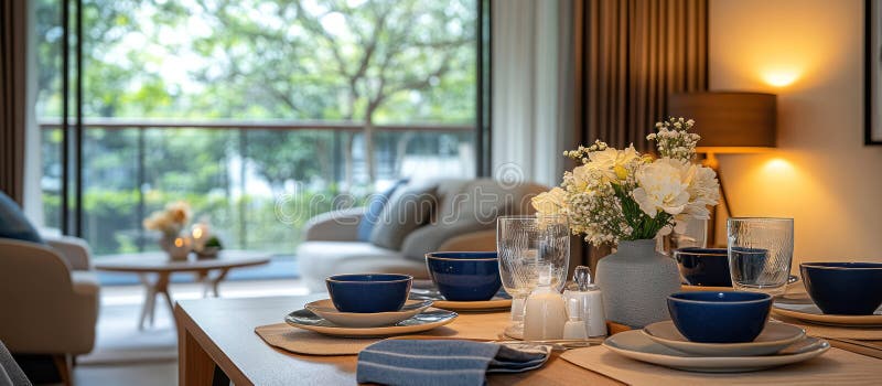 Elegant Dining Area with Stylish Table Setting and Ambient Lighting ...