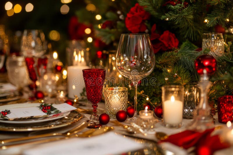 A Beautifully Decorated Dining Table Adorned with Festive Elements. Red ...