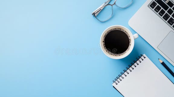 Office Workspace with Coffee, Laptop, Notebook, Glasses, and Pencil on ...