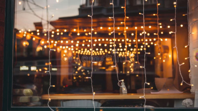 A Cozy Café Adorned with Warm String Lights, Creating an Inviting Atmosphere at Dusk. Stock ...