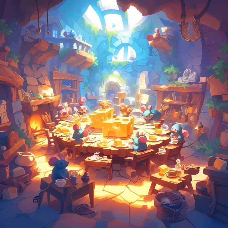 Delightful Gathering in a Mice Cheese Cave Stock Illustration ...