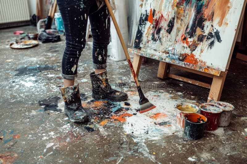 An Artist Creating Vibrant Art in a Messy Studio. Paint Splatters Fill ...