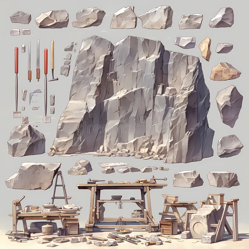 Craftsmanship in Action: the Mason S Stone Workshop Stock Illustration ...