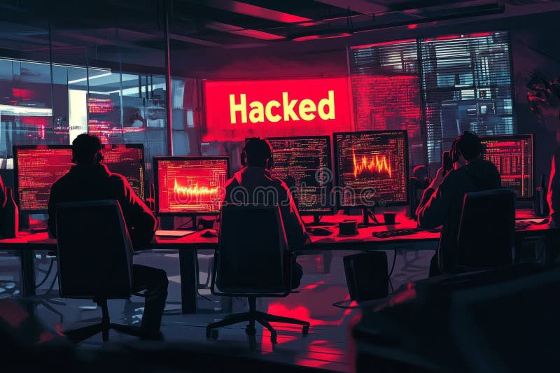 A Dimly Lit Room Filled with Hackers at Work. Bright Screens Display ...