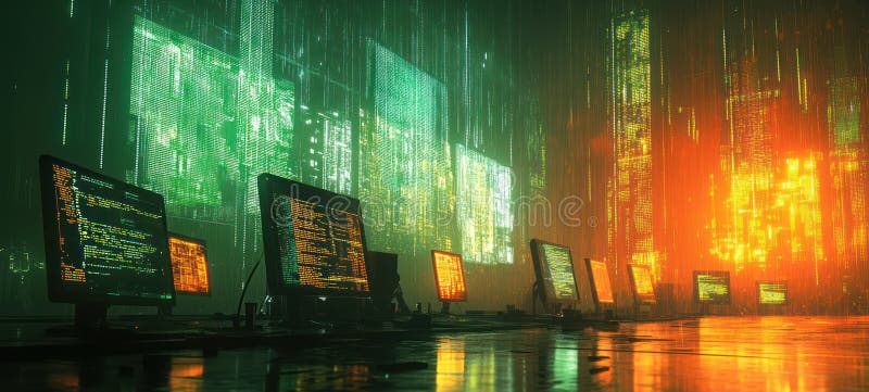 Array of Computer Monitors Displaying Complex Code in Softly Lit Office ...