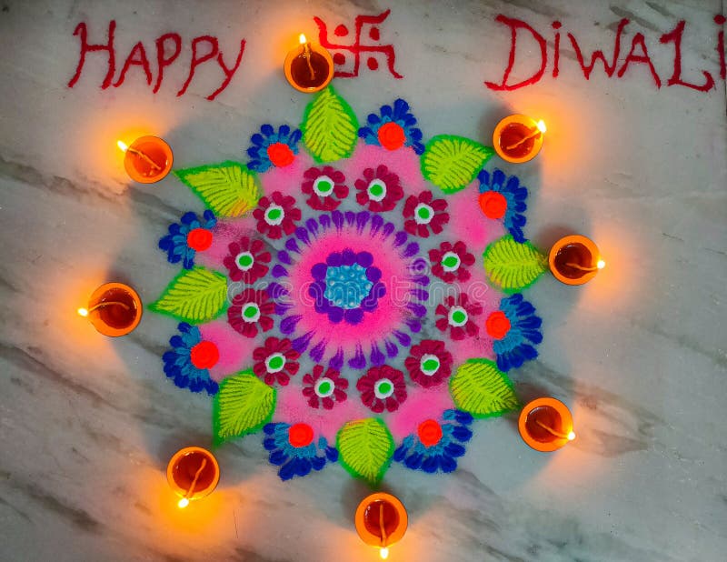 A Bright and Colorful Diwali Rangoli with Diyas, Celebrating the ...