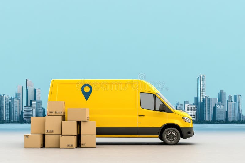 City Logistics: Yellow Delivery Van with Stacked Boxes and Location Pin ...