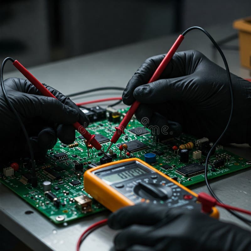 Hands Checking Voltage with a Multimeter on a Circuit Board Stock ...