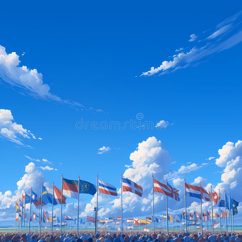 EU Flags Wave Against Blue Sky Stock Illustration - Illustration of ...