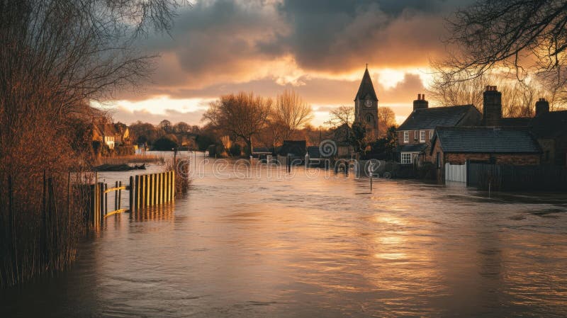 A Serene Landscape Depicts Flooding Waters Reflecting a Dramatic Sunset ...