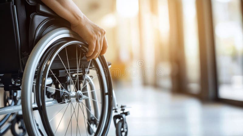 A Close-up View of a Wheelchair with a Hand Gripping the Wheel. the ...