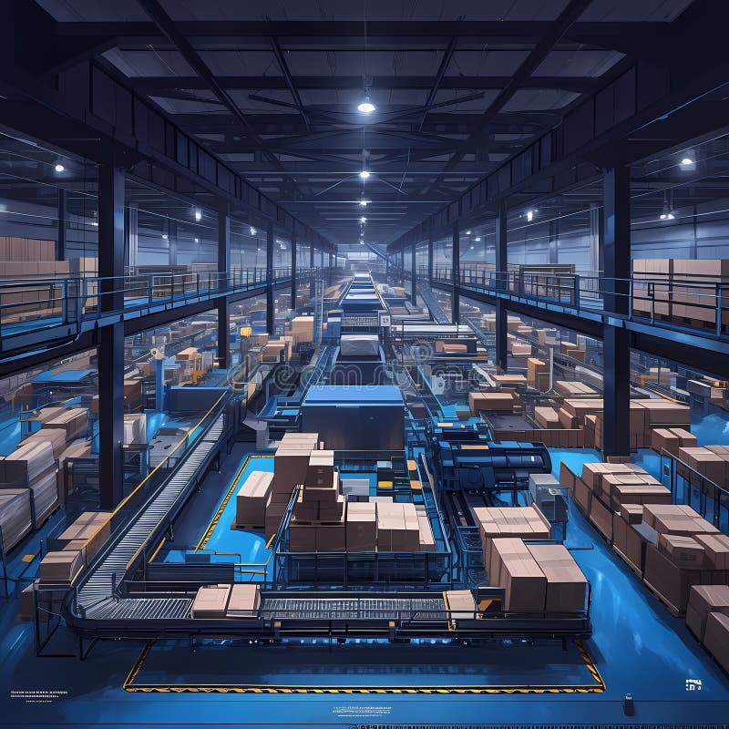 Gleaming Factory Floor with Endless Rows of Boxes and Shelves Stock ...