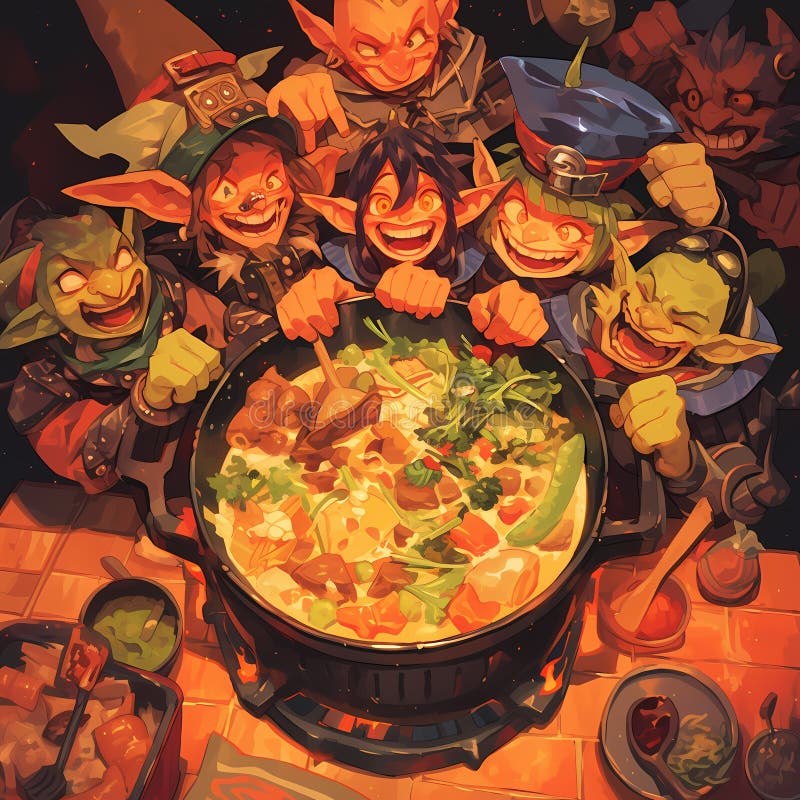 Laughing Elves Cook Hearty Soup Stock Illustration - Illustration of ...