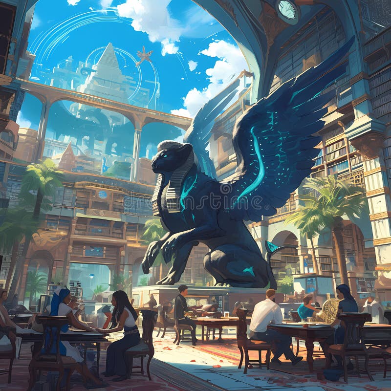Grand Library with Winged Sphynx: an Epic Atmosphere Stock Illustration ...