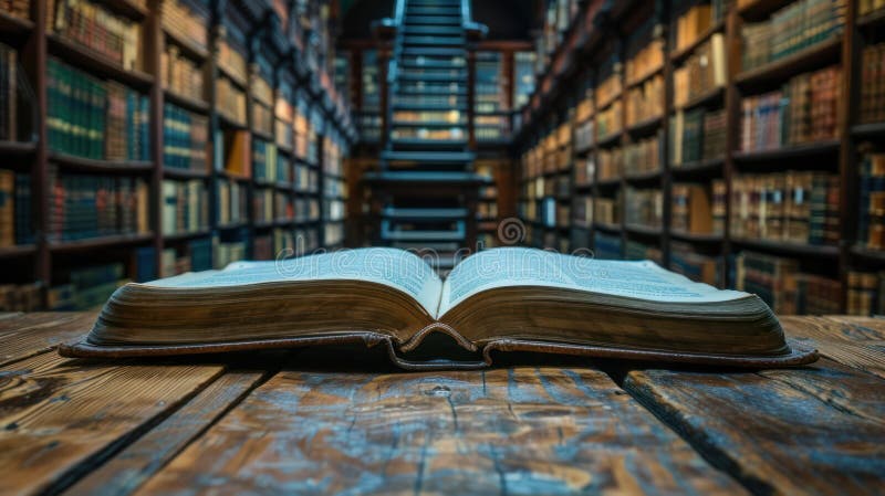 Library Study Session: Open Book on Wooden Table with Blurred ...
