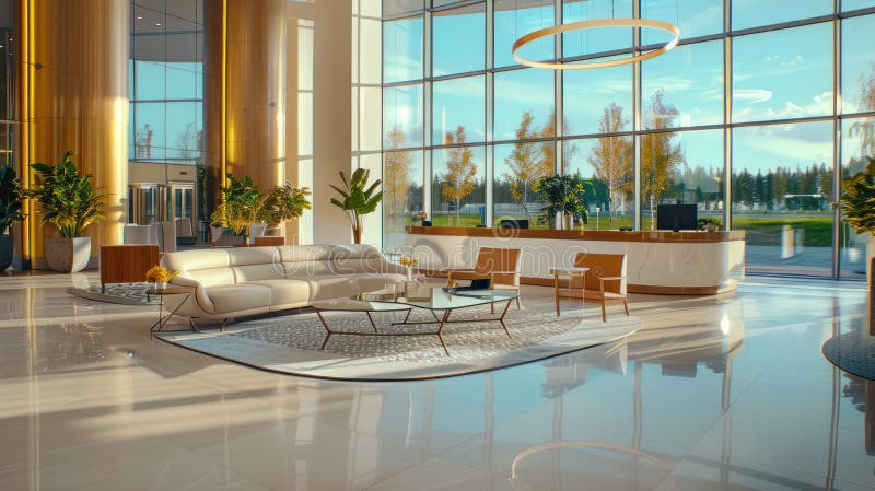 Modern Beige Lobby with Reception Desk and Panoramic Window for a ...