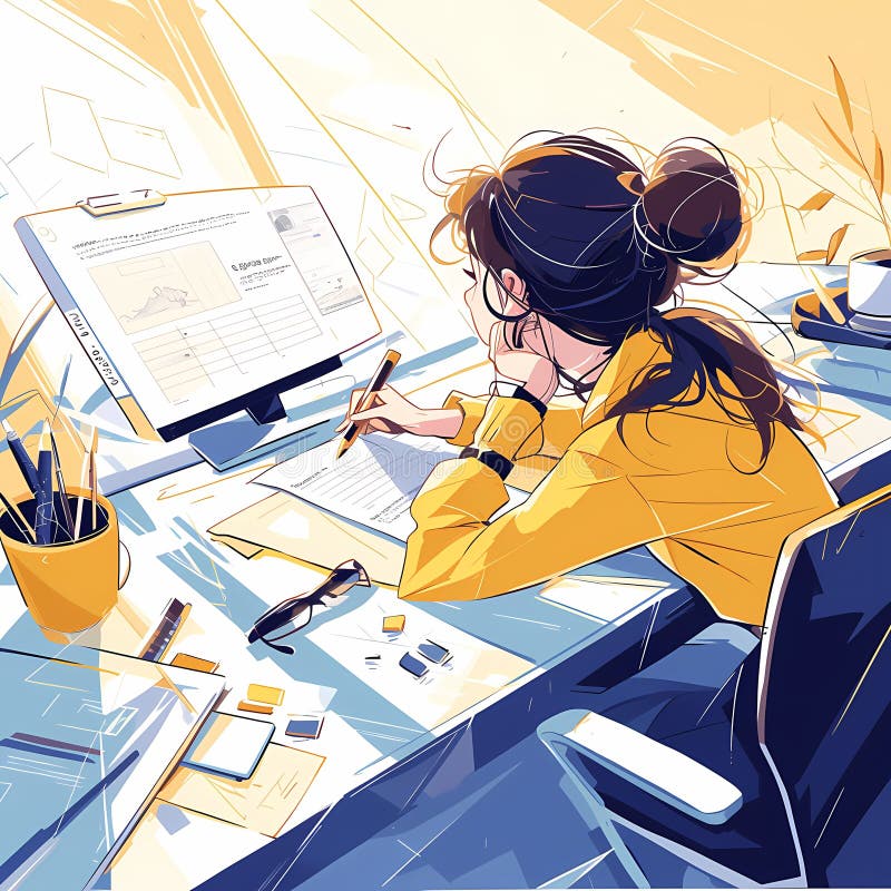 Woman Working from Home stock illustration. Illustration of potted ...